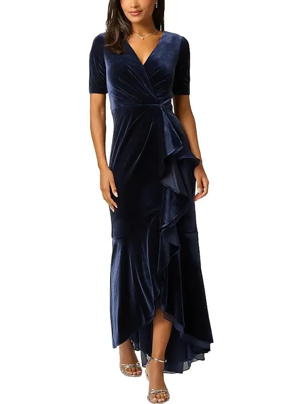 Adrianna Papell Stretch Velvet Cascade Ruffle Gown - Midnight