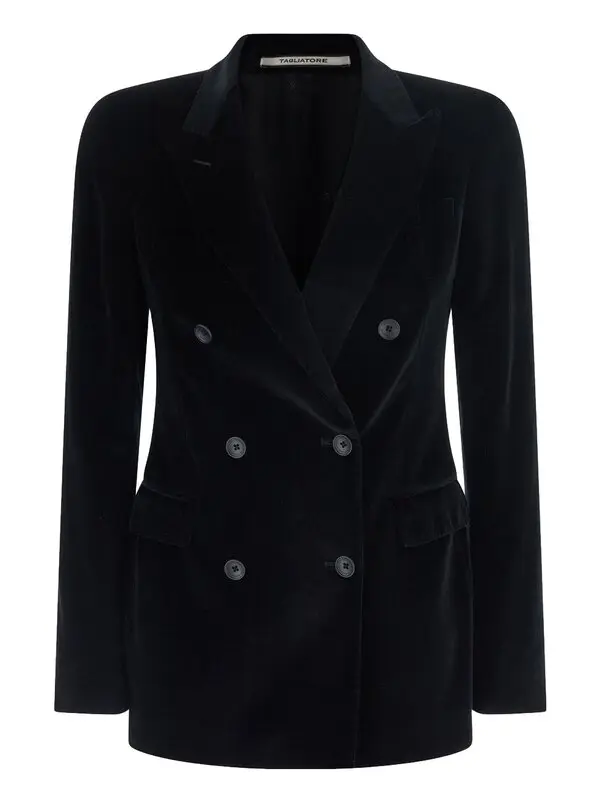 Tagliatore Velvet Blazer Jacket With Classic Collar And Long Sleeves - Black