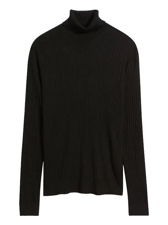 JACK VICTOR Pinstripe Stitch Wool & Silk Turtleneck Sweater - Black