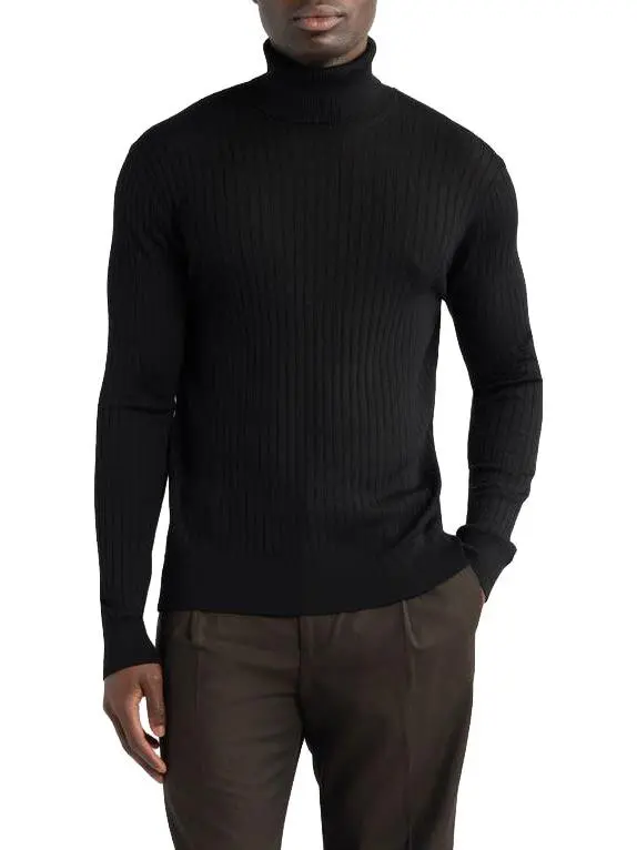JACK VICTOR Pinstripe Stitch Wool & Silk Turtleneck Sweater - Black