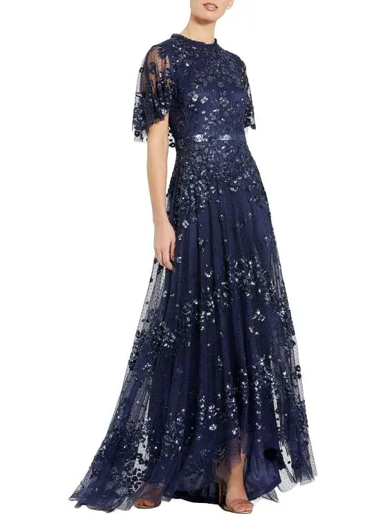 Mac Duggal Petite Sequined High Neck Flutter Sleeve A Line Gown - Midnight