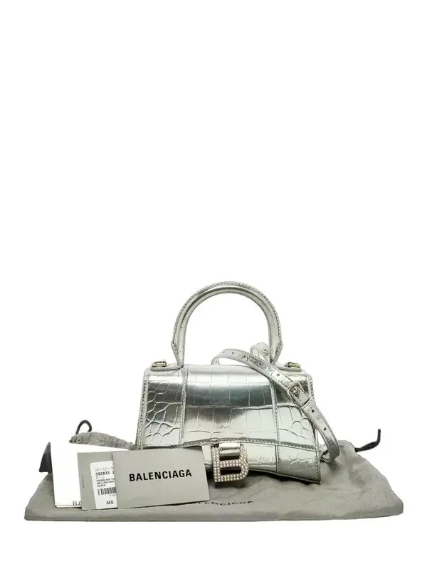 Balenciaga Xs Hourglass Croc-embossed Tote Bag - Silver