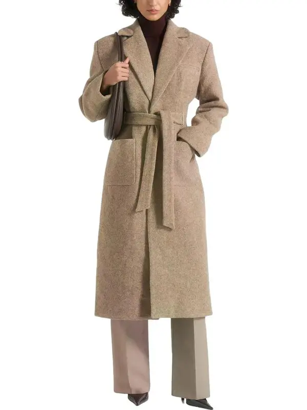 Manière De Voir Jena In Taupe Wide Shoulder Wool Coat With Cinch Belt - Brown