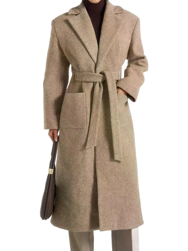Manière De Voir Jena In Taupe Wide Shoulder Wool Coat With Cinch Belt - Oatmeal