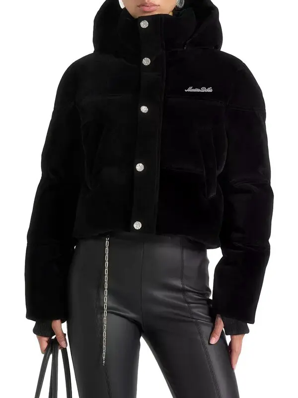Manière De Voir Maeva In Velvet Signature Cropped Puffer Jacket - Black