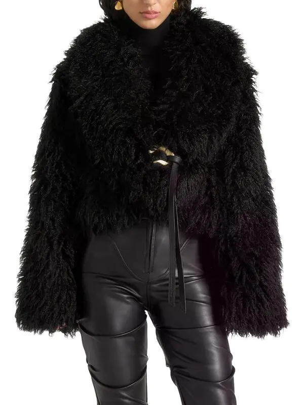 Manière De Voir Nola In Mongolian-fur Shawl Jacket With Leather Belt - Black