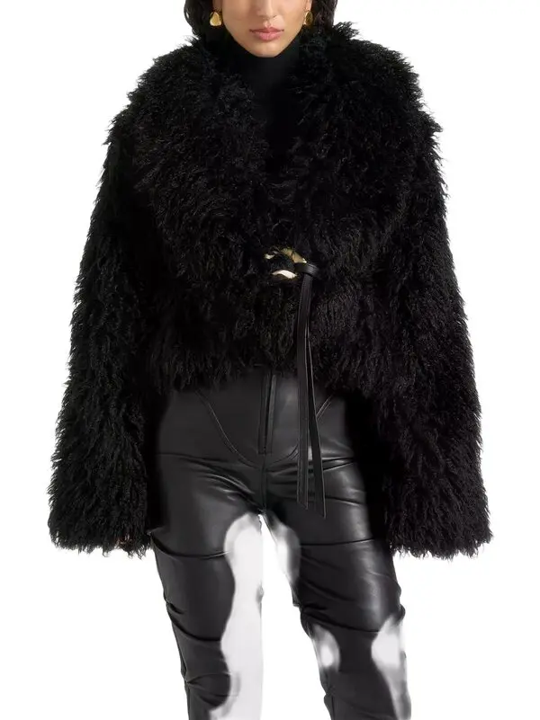 Manière De Voir Nolain Mongolian Fur Shawl Jacket With Leather Belt - Black