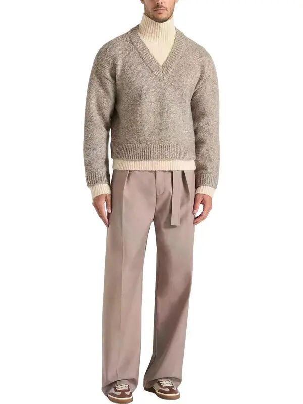 Manière De Voir Jacques In Taupe Double-layer Wool-blend V-neck Knit Jumper - Brown