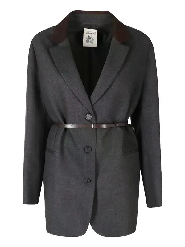 SEMICOUTURE Belted Contrast-collar Blazer - Grey
