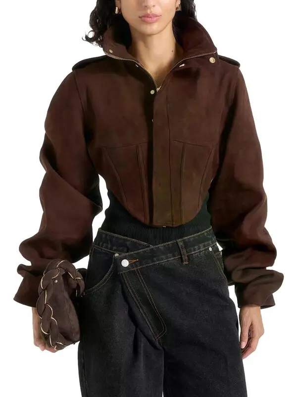 Manière De Voir Solange In Suede Tacked-sleeve Corset Jacket - Brown