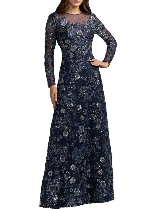 Mac Duggal Floral Embellished Mesh A-line Gown - Midnight
