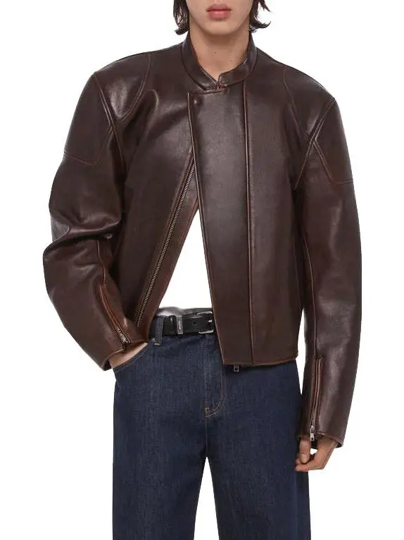 Helmut Lang Glossy Leather Moto Jacket - Saddle