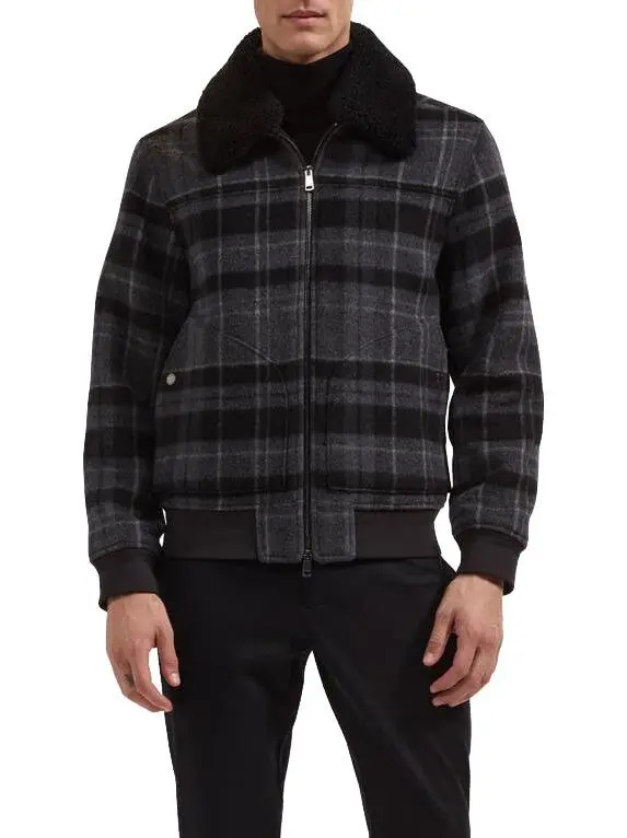 Bugatchi Plaid Wool Blend Blouson Jacket With Faux Shearling Collar - Black