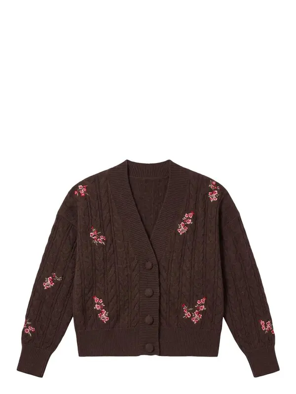 BRODIE CASHMERE Flower Cable Cardigen Dark - Brown