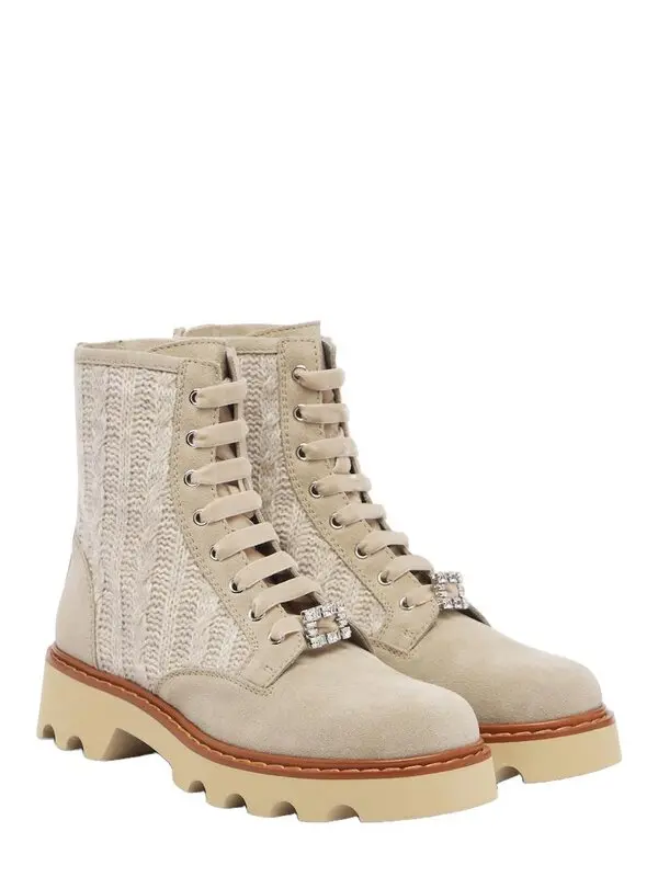 ROGER VIVIER Viv' Rangers Truck Knitted Suede Ankle Boots - Beige