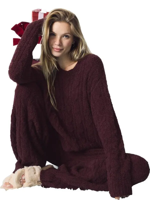 Splendid Fuzzy Cable Knit Sweater Wide Leg Pj Set - Merlot