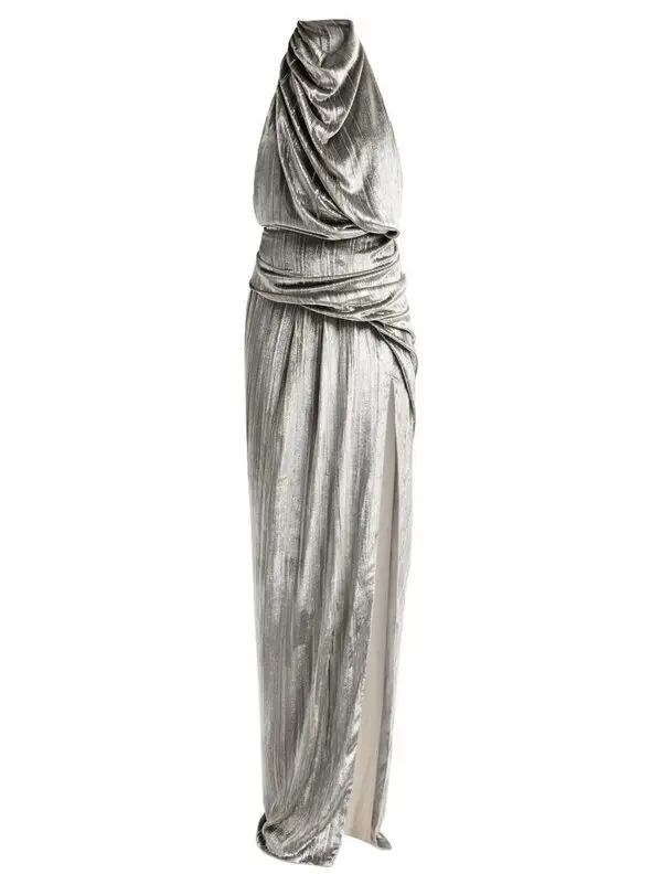Prabal Gurung Draped Crushed Velvet Halter Gown - Silver