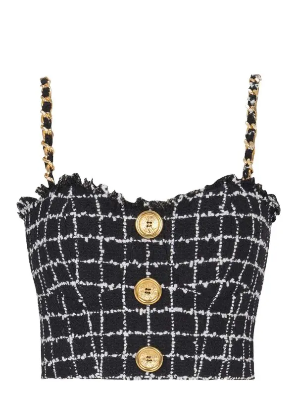 Balmain Tweed Top With Shoulder Straps - Black