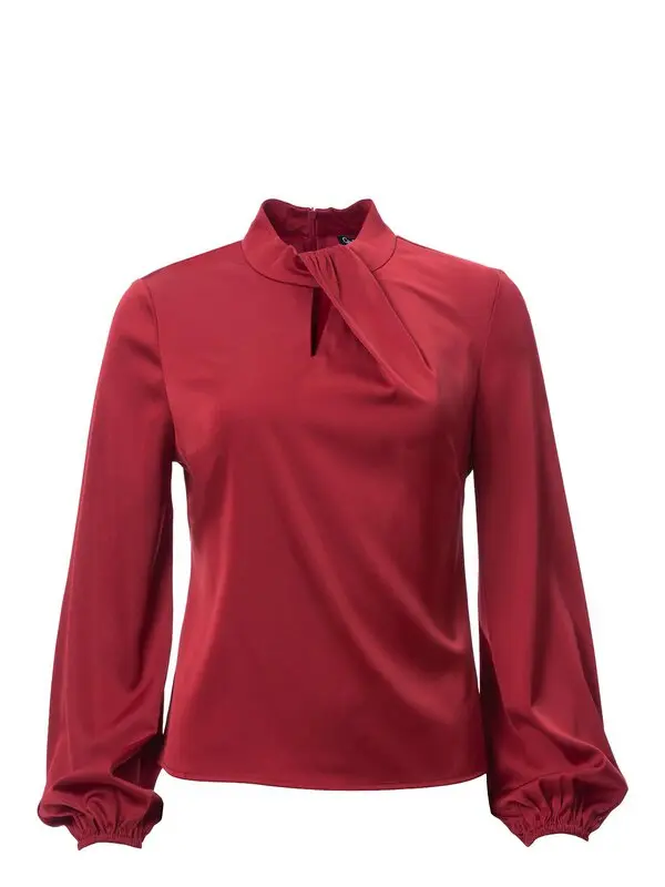 CARLOSLINES Draped Mock Neck Long Sleeve Shirt In Burgundy Solid - Red