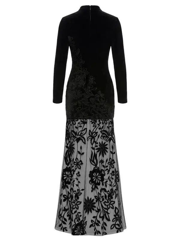 Mac Duggal Floral Mixed-media Long-sleeve Gown - Black