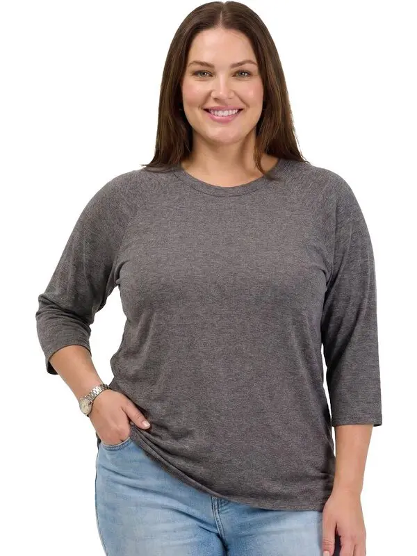24SEVEN COMFORT APPAREL Basic Curvy Soft Stretch Three Quarter Sleeve Relaxed Top - Smoke