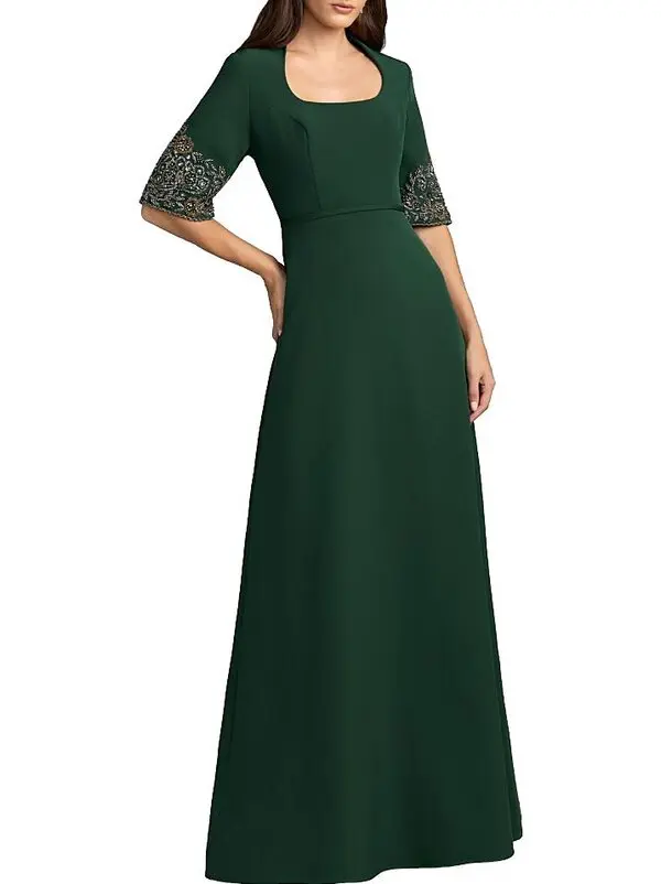 Mac Duggal Scoop Neck Beaded Cuff Crepe Gown - Deep Green