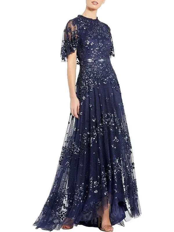 Mac Duggal Petite Sequined High Neck Flutter Sleeve A Line Gown - Midnight