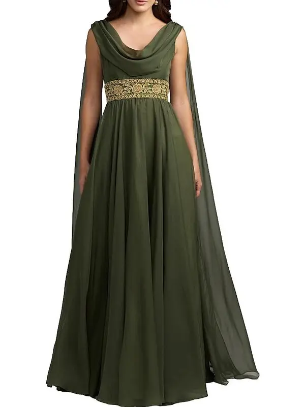 Mac Duggal Cowl A-line Gown With Beaded Belt - Olive