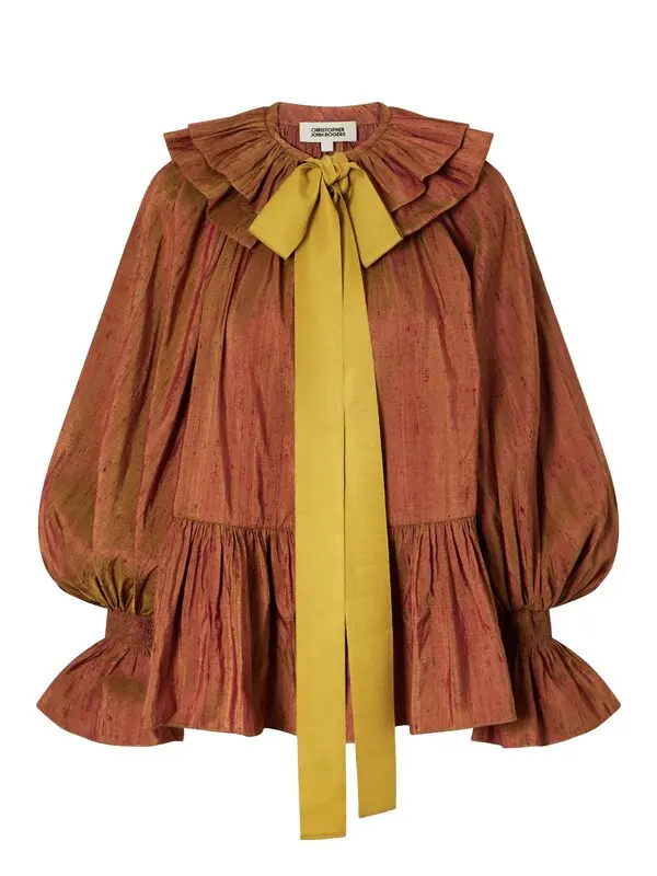 Christopher John Rogers Pussy-bow Ruffled-collar Gathered Silk-dupioni Blouse - Metallic