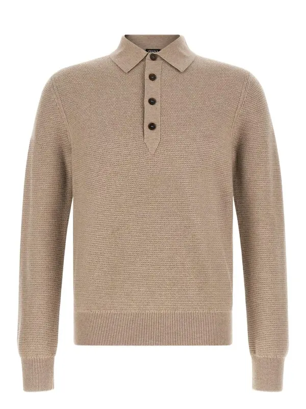 Zegna Long-sleeved Knit Polo Shirt - Beige