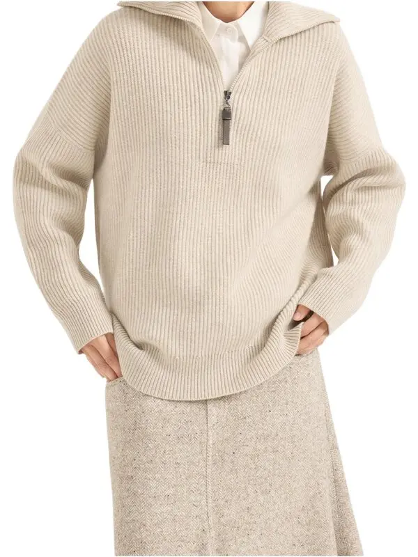 Brunello Cucinelli Cashmere English Rib Sweater With Shiny Zipper Pull - Beige