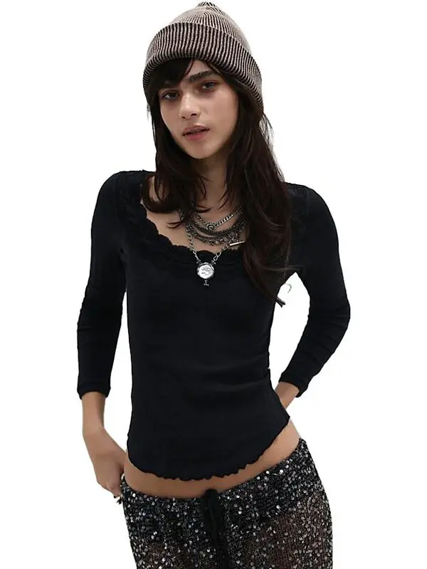 Free People Classic Keepsake Pointelle Long Sleeve - Black