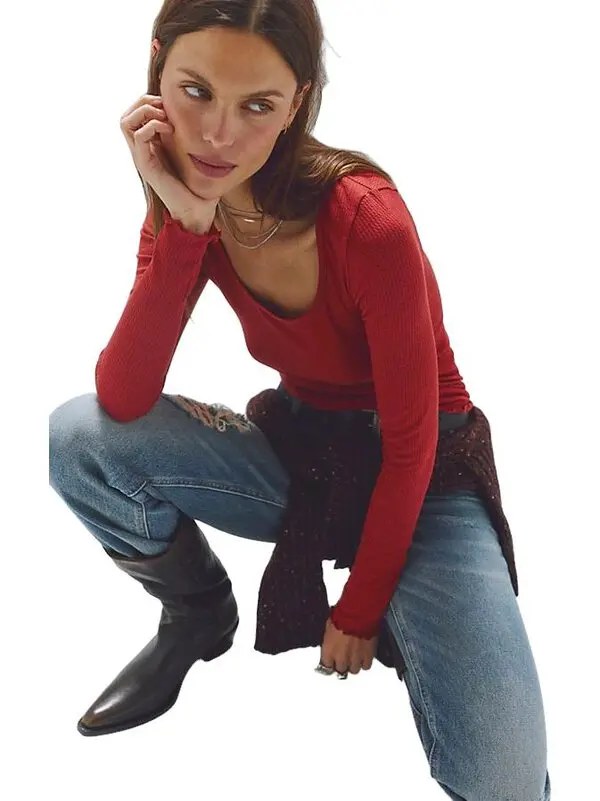 Free People Base Layer Thermal Scoop Neck Long Sleeve - Rouge