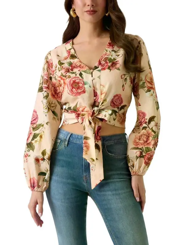 Guess Floral-print Tie-front Top - Neutrals