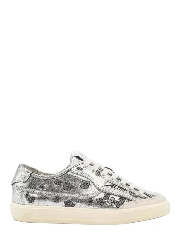AUTRY Floral-print Crackled-leather Sneakers - Silver