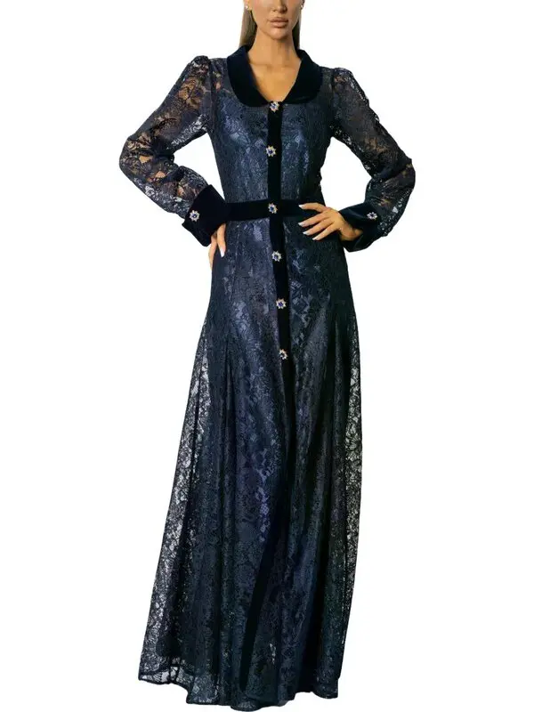 MIAU BY CLARA ROTESCU Amara Lace-overlay Velvet-trim Maxi Dress - Blue