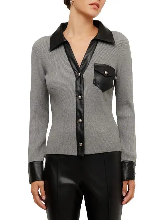 Fifteen Twenty Isabella Faux Leather Trim Ribbed Top - Gray