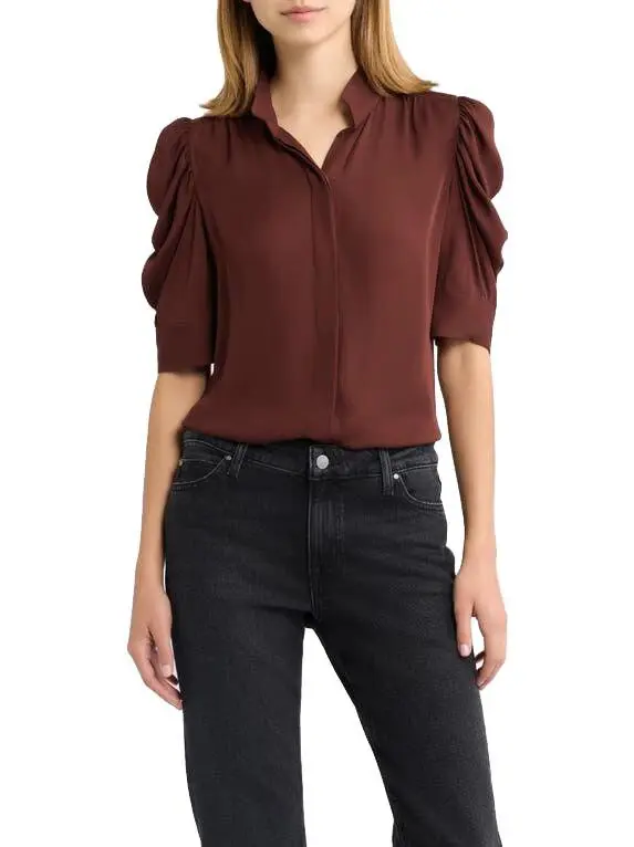 FRAME The Gillian Ruched Sleeve Silk Top - Currant