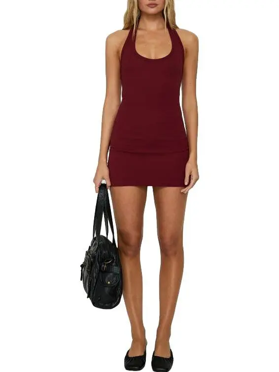 Princess Polly Baseline Rib Stretch Cotton Halter Minidress - Cherry Lacquer