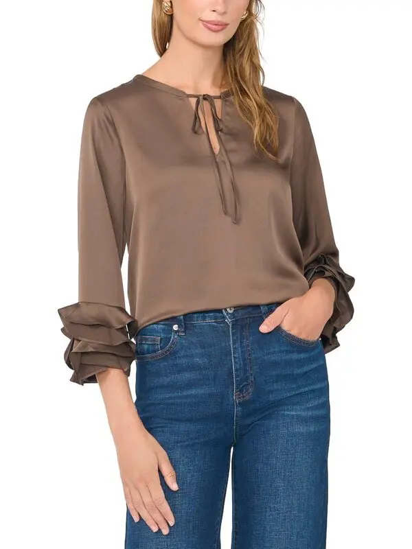 Vince Camuto Ruffle Sleeve Satin Top - Mocha Latte