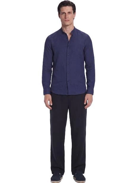 MOEVA Ryan Linen Shirt With Grandad Collar - Navy