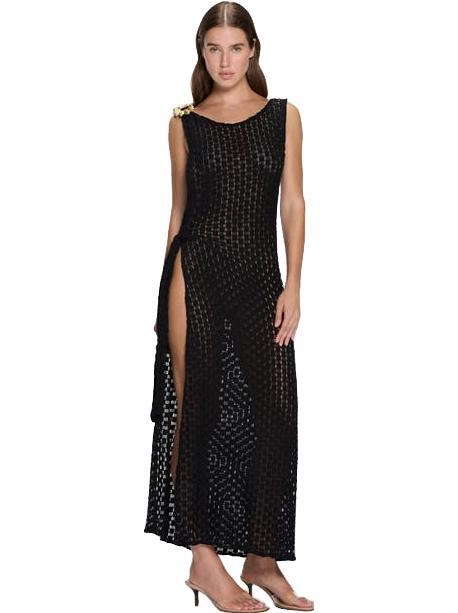 MOEVA Angles High-neck Maxi Dress With Tie-side And Gold Detail - Black