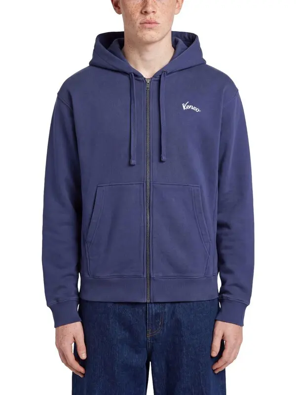 Kenzo Cotton Zip-up Hoodie With Contrasting Logo And Kangaroo Pockets - Navy