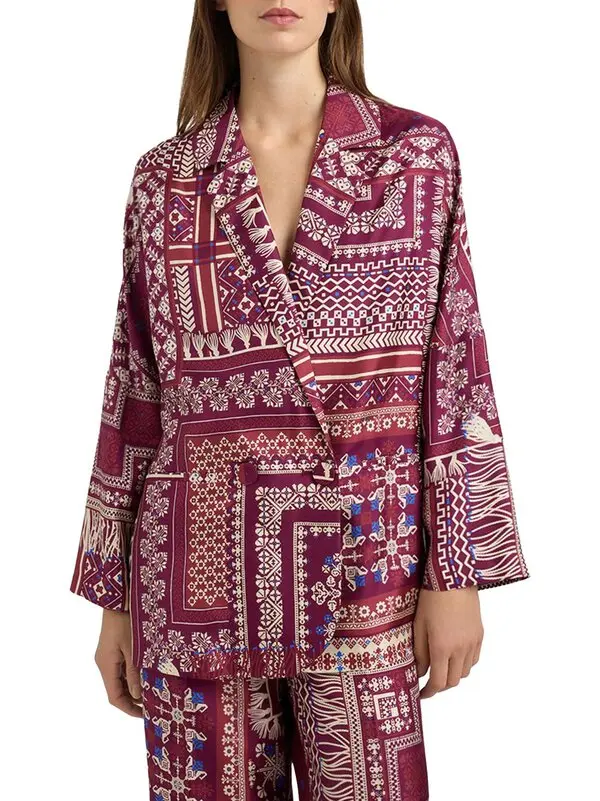 Momoni Ethnic Print Silk Robe-style Blazer With Lapel Collar - Black