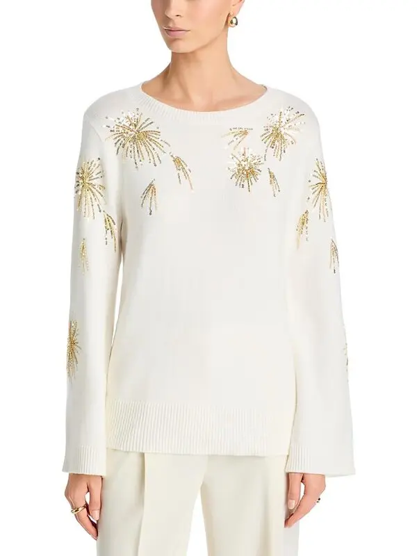 T Tahari Embellished Crewneck Sweater - White Star