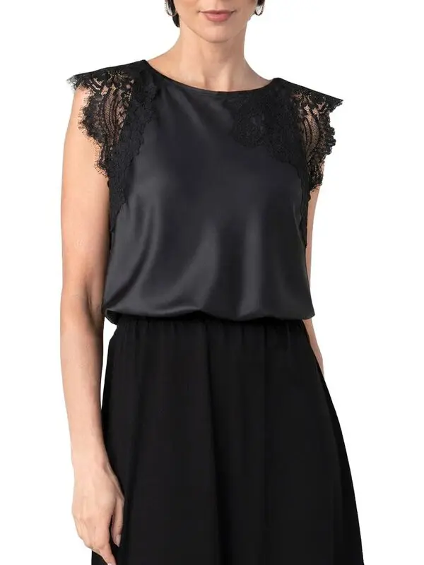 LIVERPOOL Lace Trim Satin Top - Black