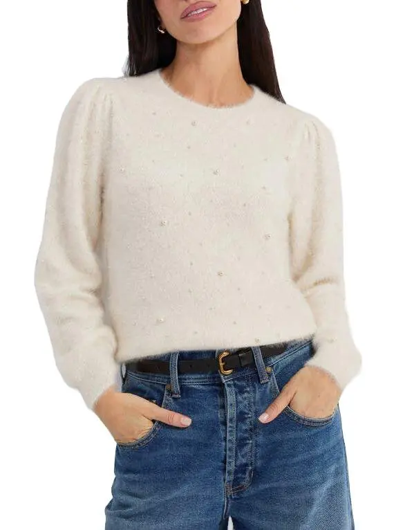 LIVERPOOL Puff Sleeve Pearl Embellished Sweater - Ivory