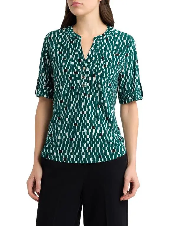 Anne Klein Print Knit Top With Elbow Sleeves - Pine Forest Multi