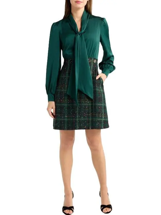 Eliza J Balloon Long Sleeve Tie Neck Dress - Pine