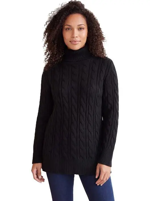 Roaman's Cozy Cable Turtleneck Sweater - Black